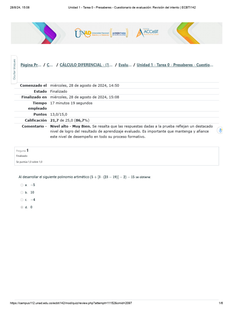 Página PR C Cálculo Diferencial - (1 Evalu Unidad 1 - Tarea 0 - Presaberes - Cuestio | PDF