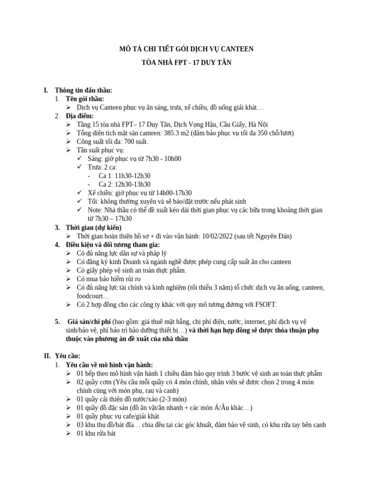 MÔ TẢ CHI TIẾT DỊCH VỤ CANTEEN TẦNG 15 TÒA NHÀ FPT CG 1 | PDF