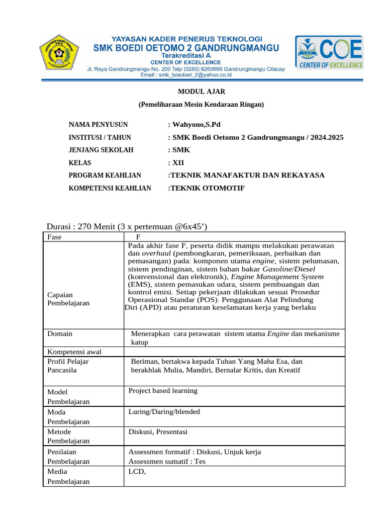 1.modul Ajar TP 1 Komponen Utama Engine Dan Mekanisme Katup. XI TKR | PDF