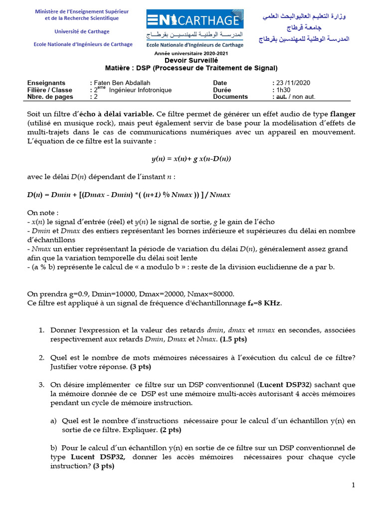 Écho À Délai Variable. Flanger: y (N) X (N) + G X (N-D (N) ) | PDF