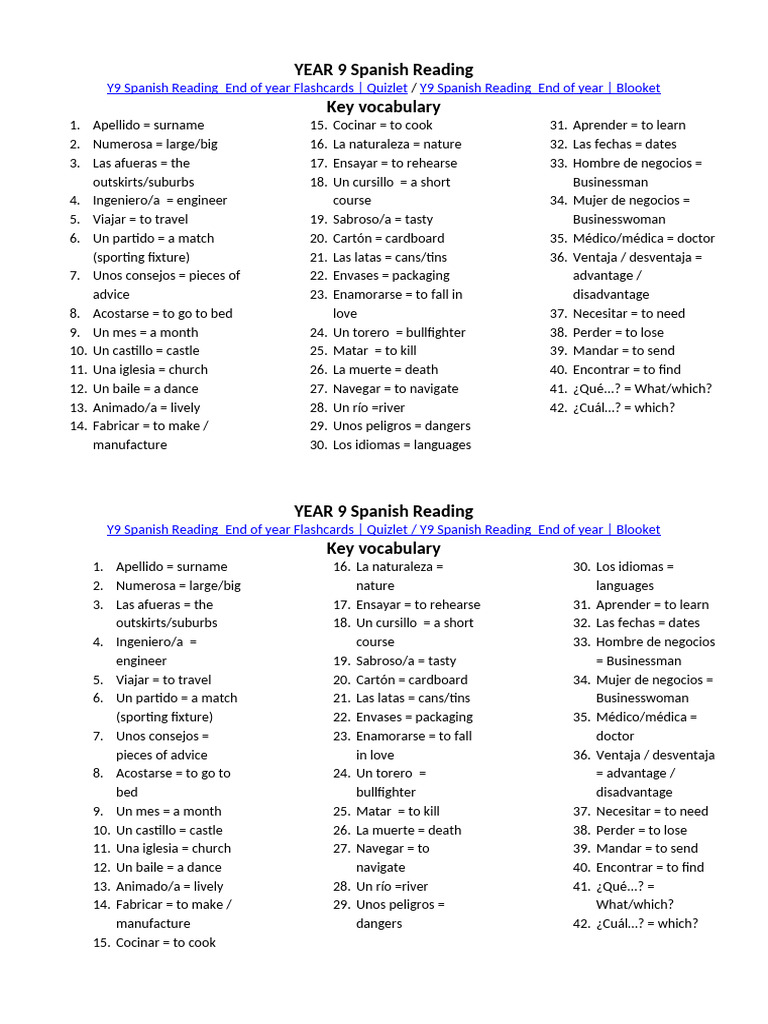 Y9 Spanish Reading Vocabulary | PDF