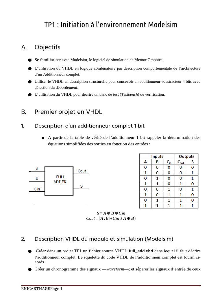 TP1: Initiation À L'environnement Modelsim: A. Objectifs | PDF