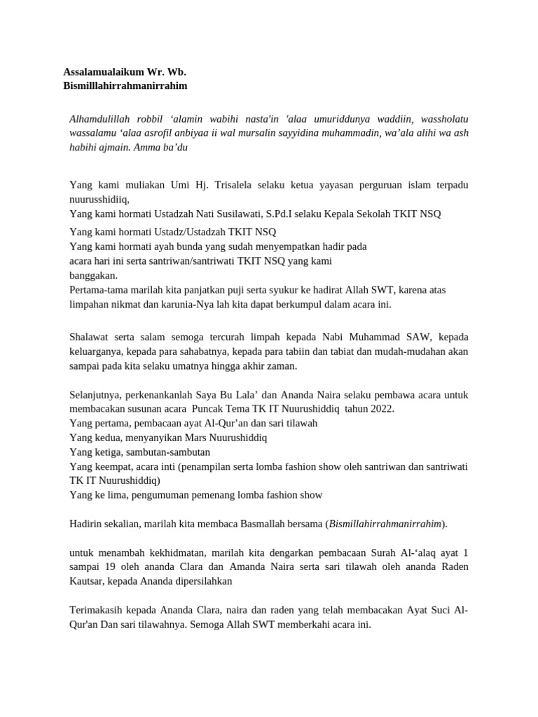 Teks MC Puncak Tema TK 10 Desember 2022 | PDF