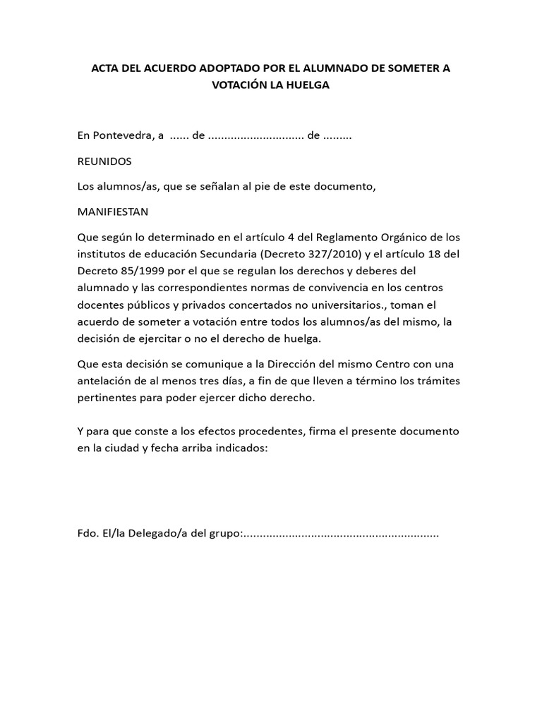 Acta Del Acuerdo Adoptado Por El Alumnado de Someter A Votación La ...