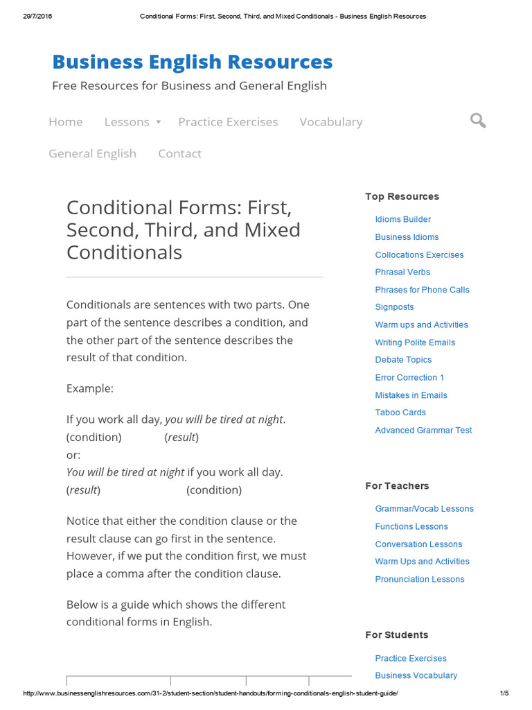Conditional Forms - First, Second, Third, and Mixed Conditionals - Business English Resources | PDF