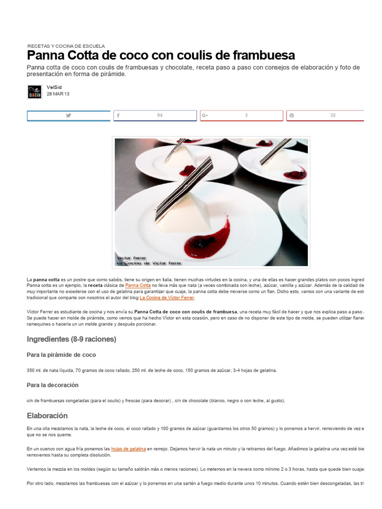 Receta de Panna Cotta de Coco Con Coulis de Frambuesa | PDF