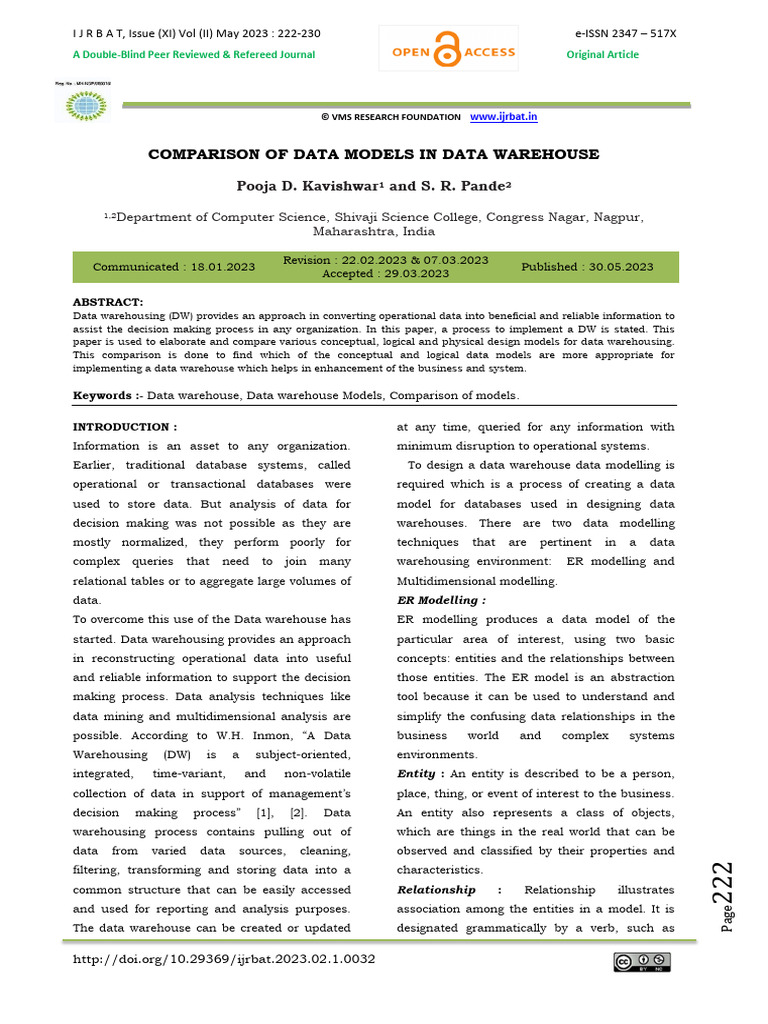 Comparison of Data Models in Data Warehouse - 2023 | PDF