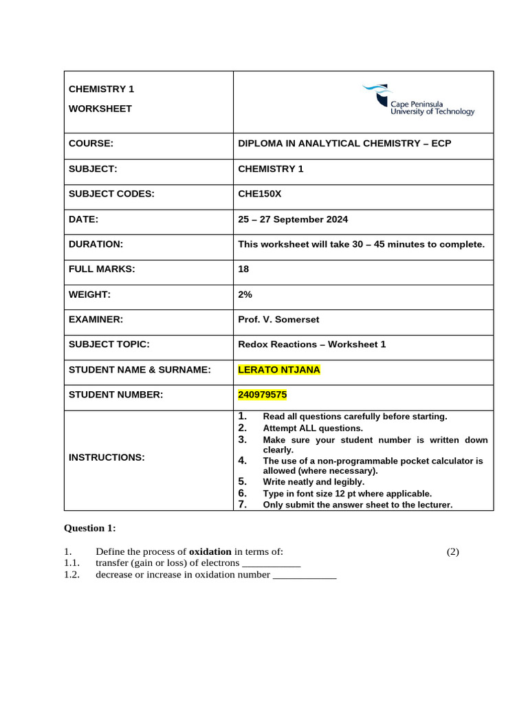 Chemistry 1 ECP - Redox Reactions - Worksheet1 - NTJANA | PDF