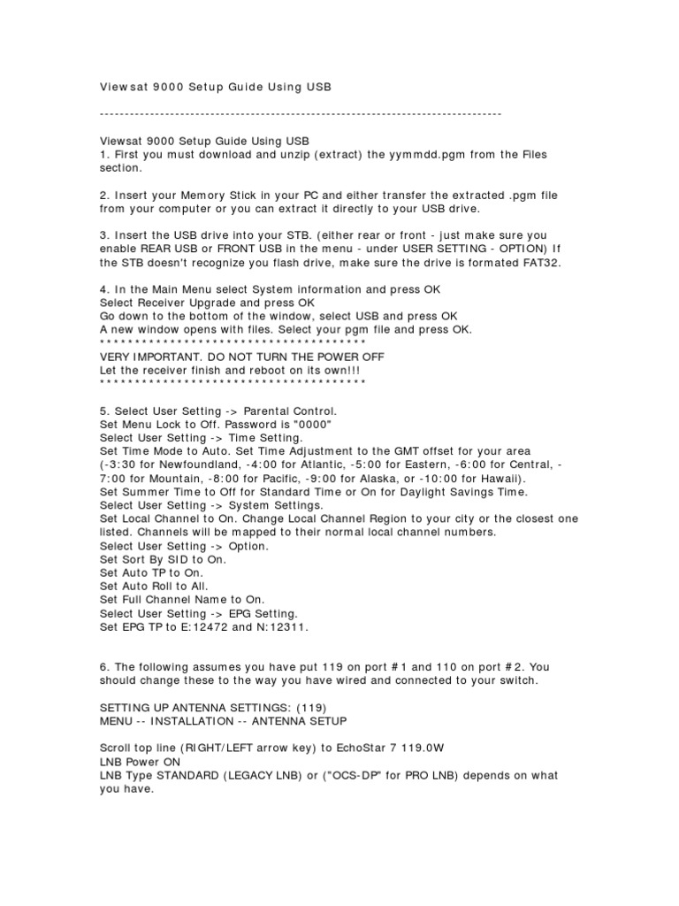 Viewsat 9000 Setup Guide Using USB | PDF | Booting | Usb Flash Drive