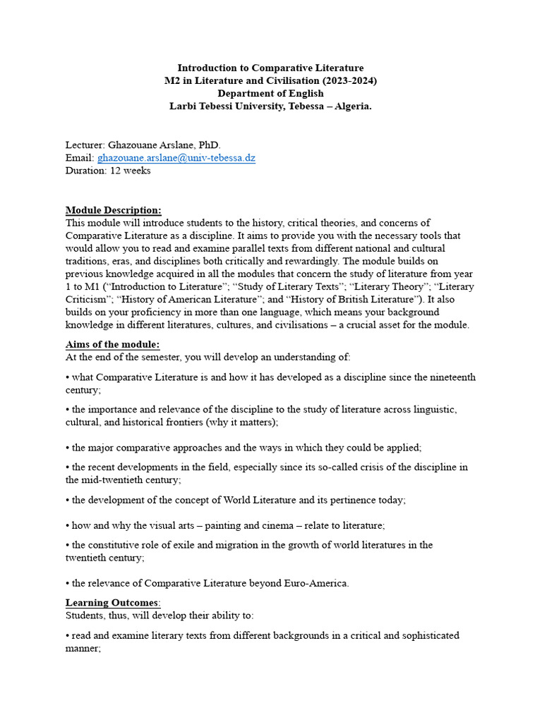 Introduction to Comparative Literature_Module Aims and Outline | PDF