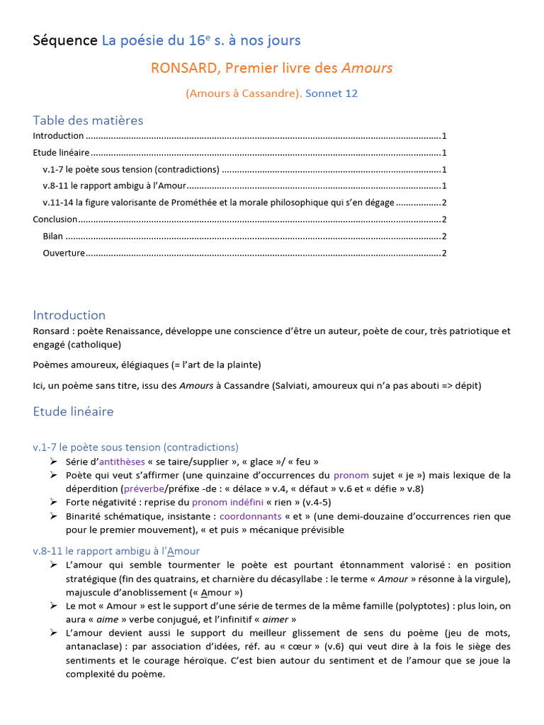 Analyse du Sonnet 12 de Ronsard | PDF | Prométhée | Amour
