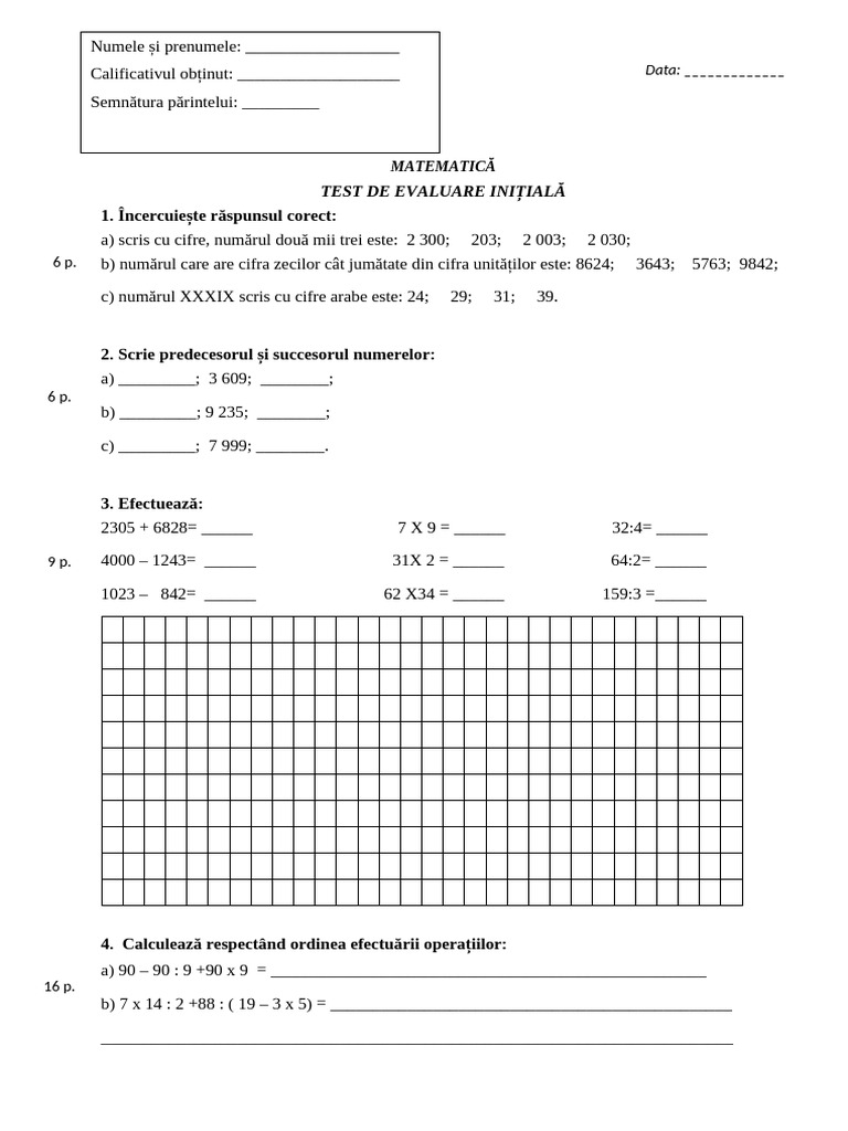 Matematica - Evaluare Initiala | PDF