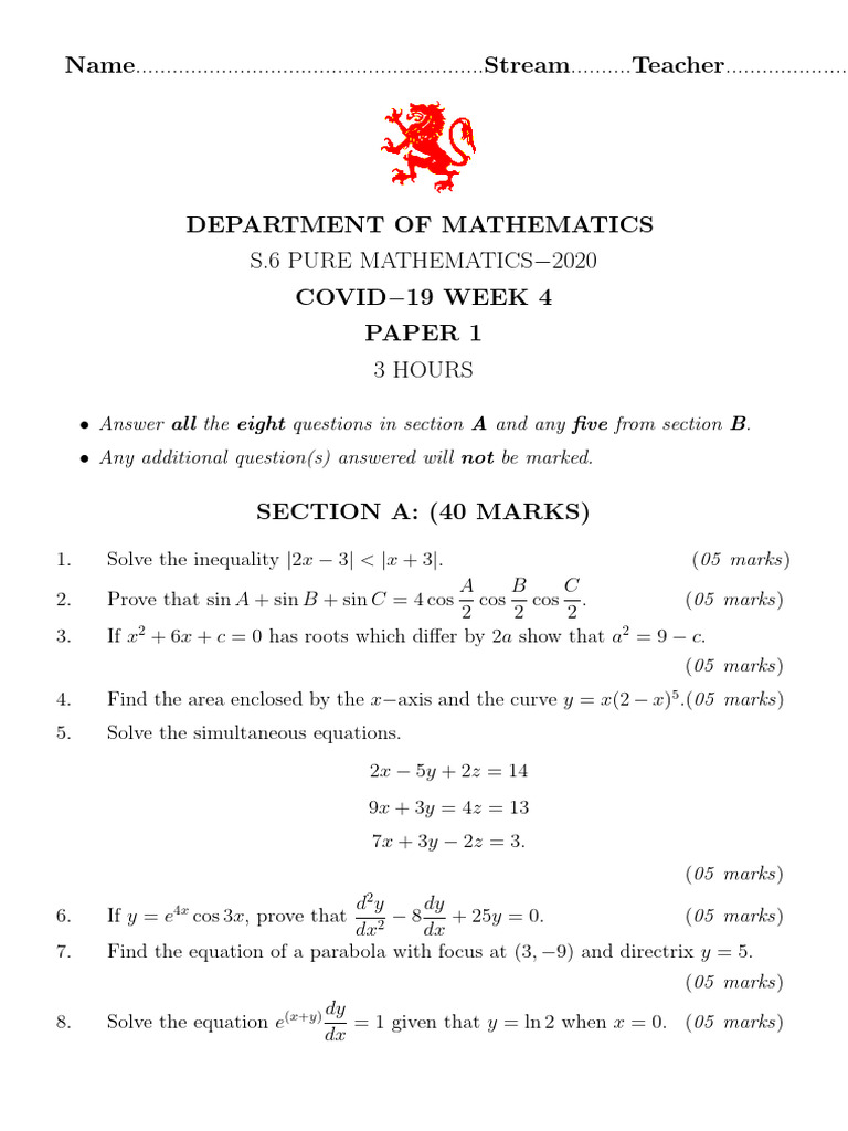 S5 Mathematics Paper 1-Kings College Buddo Test 4 2020 | PDF