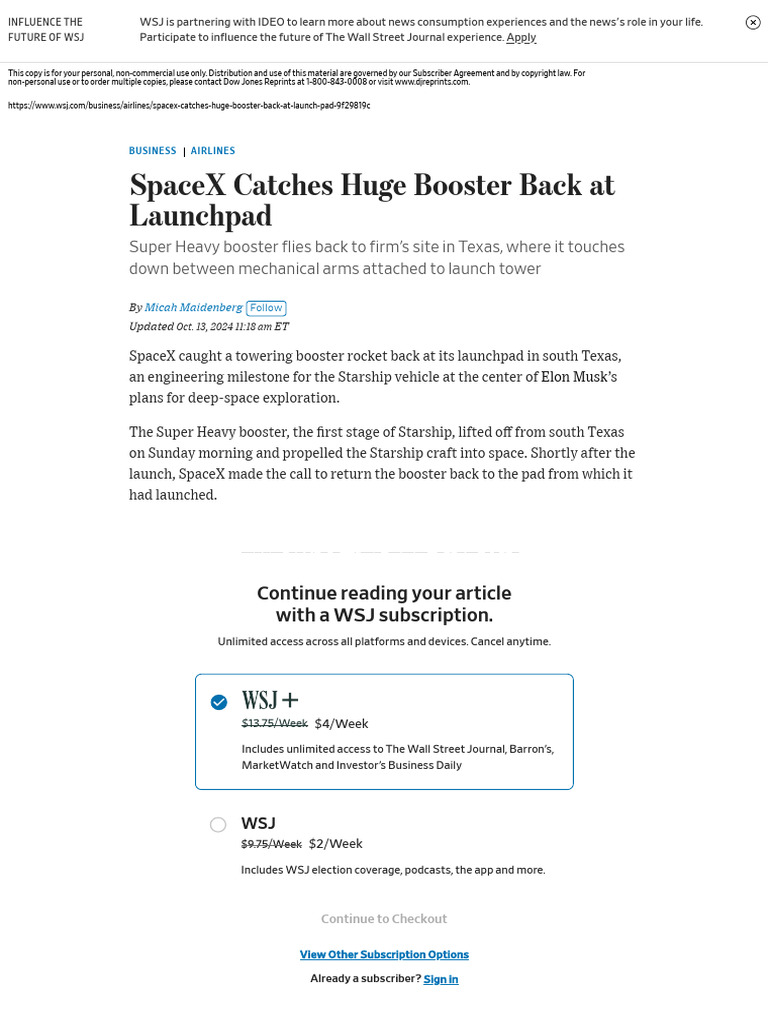 SpaceX Catches Huge Booster Back at Launchpad - WSJ | PDF