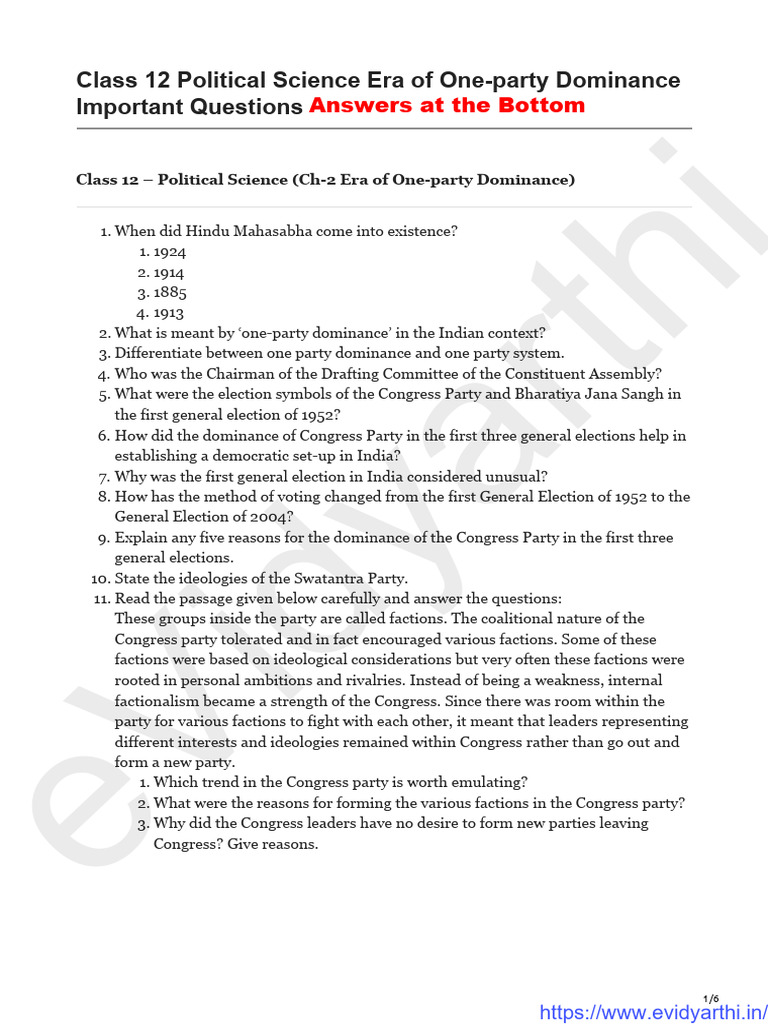 Class 12 Political Science II Chapter 2 Important Questions | PDF ...