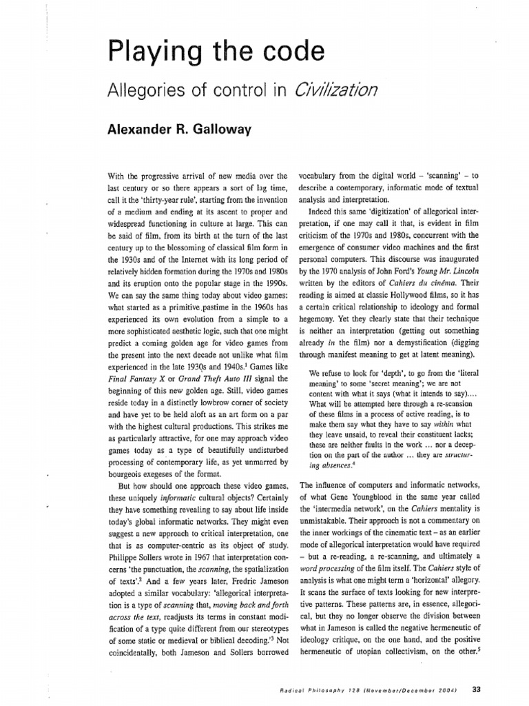 Alexander R. Galloway - Playing The Code - Allegories of Control in ...