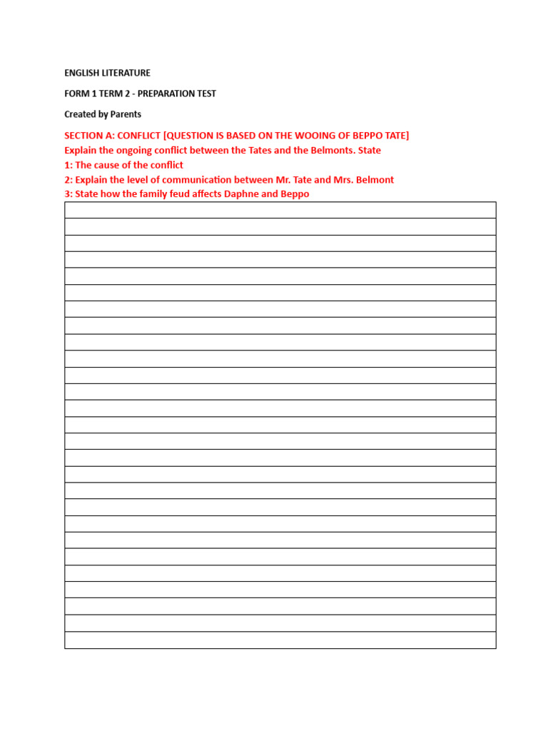 English Literature - Form 1 - Term 2 - End of Term - Preparation Test | PDF