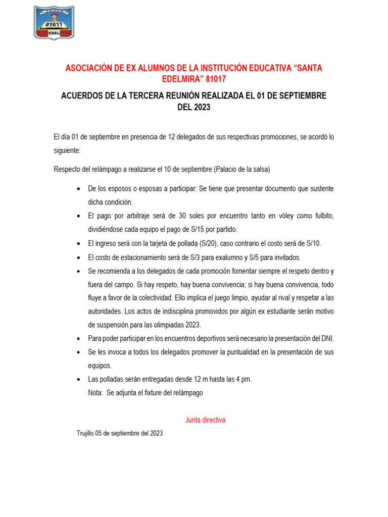 Acuerdos Reunión Exalumnos Santa Edelmira | PDF