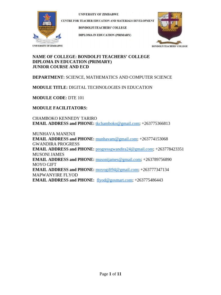(Dte 101) Module Outline With Continuous Assesment Tasks | PDF
