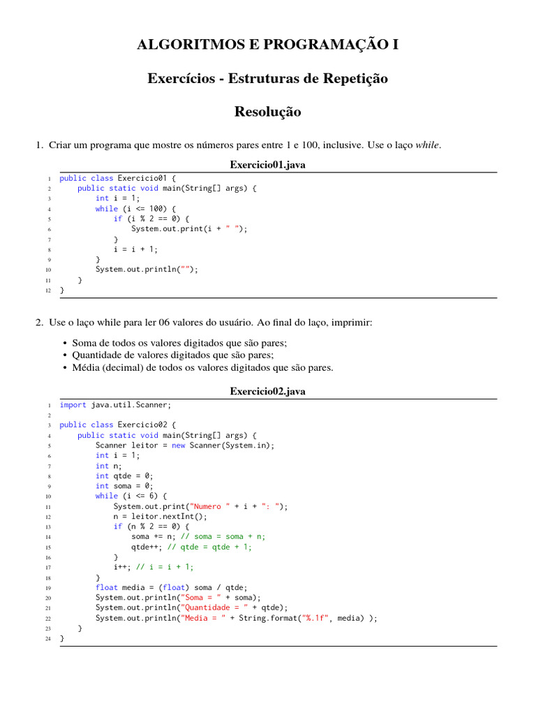 Resolucao - Exercicios - Estruturas de Repeticao | PDF