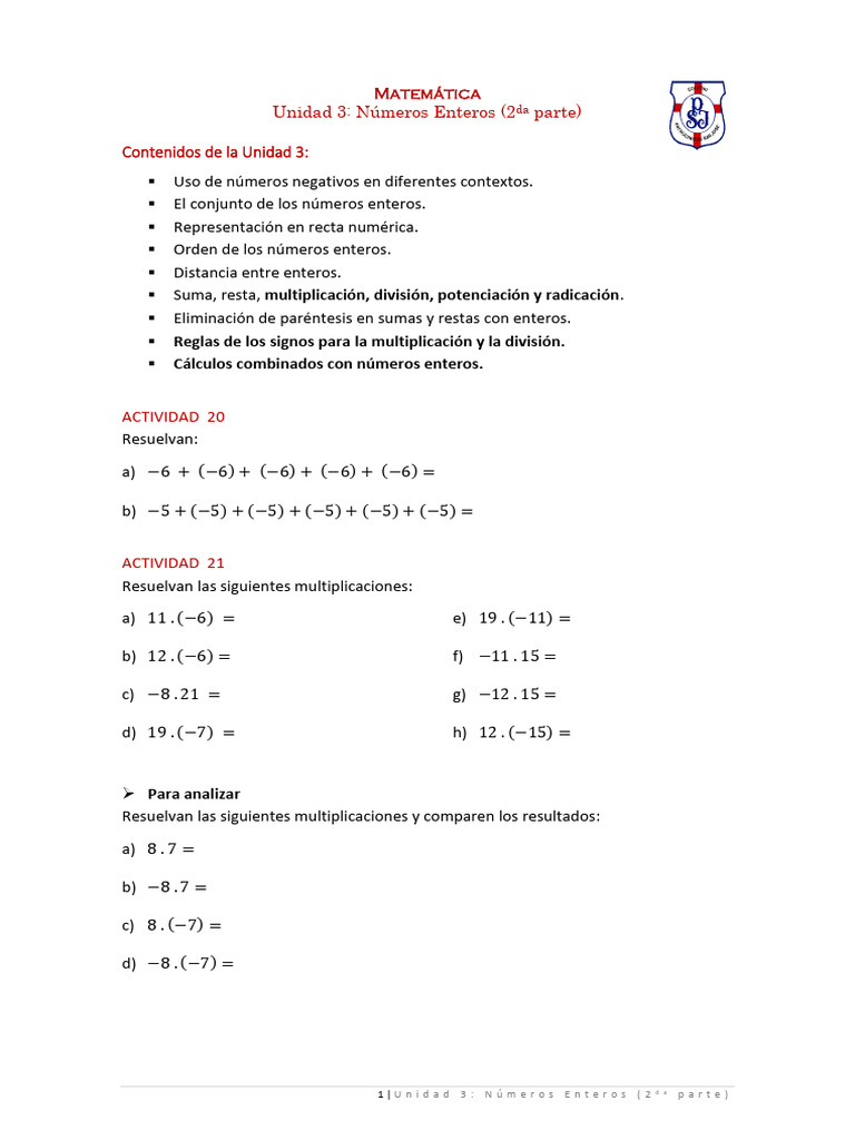 Unidad 3 Numeros Enteros | PDF