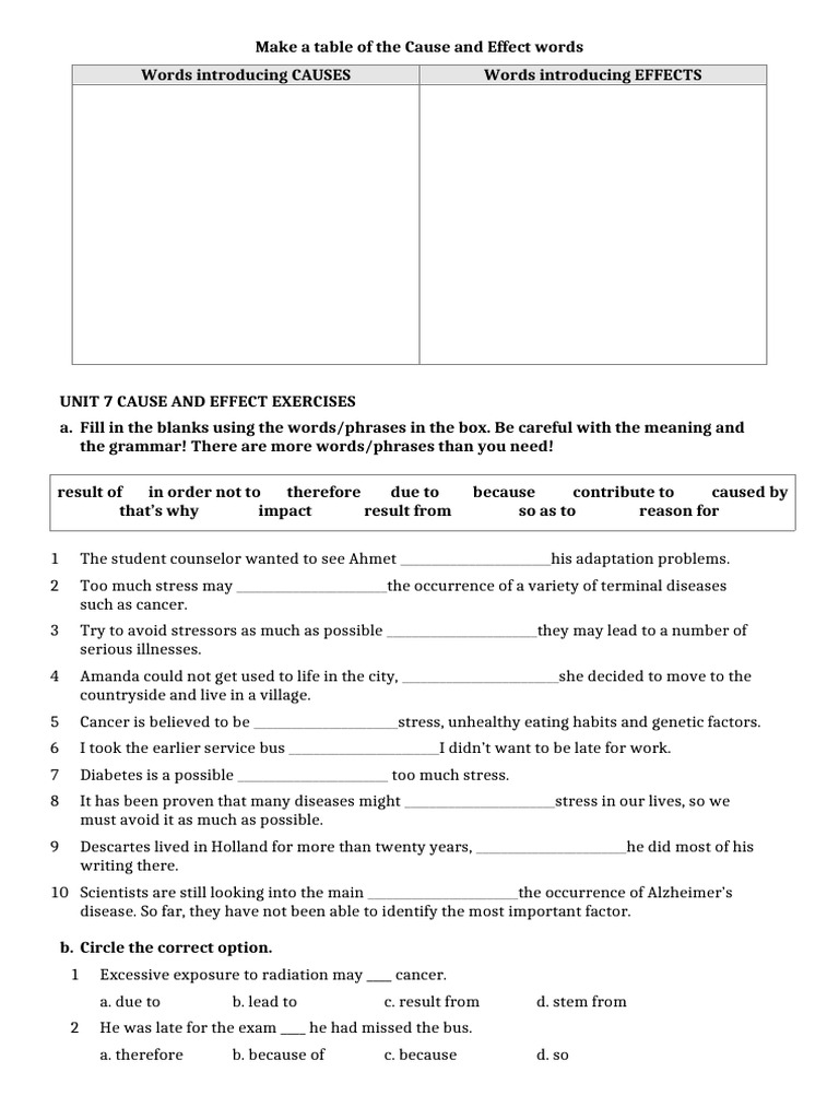 Cause Effect Language Exercise 2 | PDF