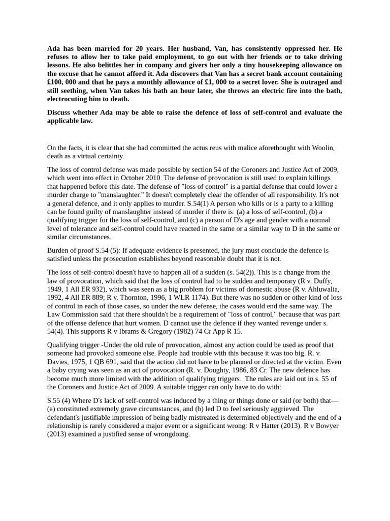 Defence - Loss of Self Control - 27.08.2022 | PDF