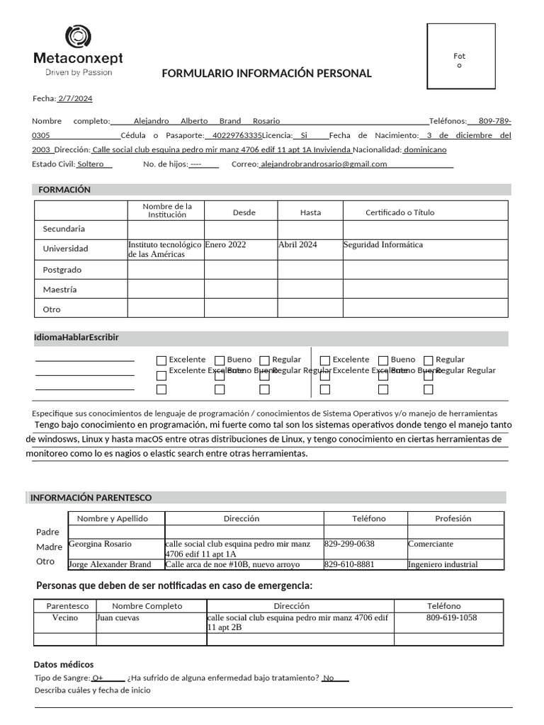 Formulario Informacion Personal | PDF