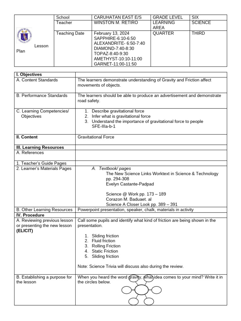 Lesson Plan in Gravity (3rd Quarter) COT | PDF