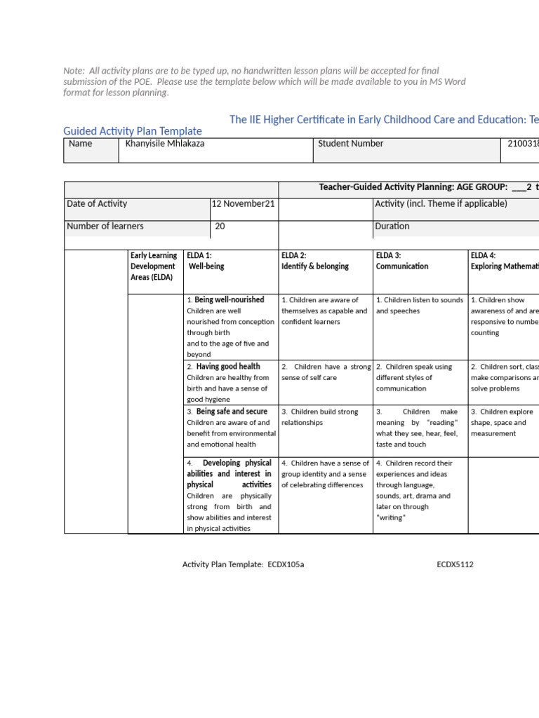 ECDX5112 - ECDX105a Activity Plan Template | PDF