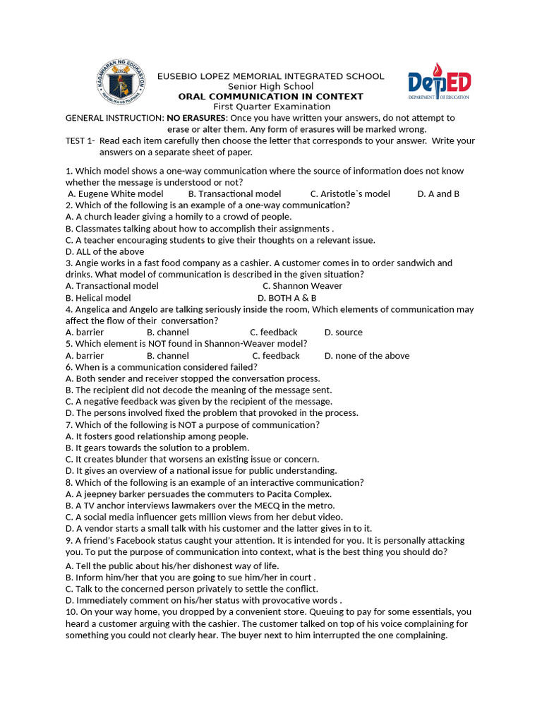Oral Communication Exam Guide | PDF | Communication | Nonverbal ...