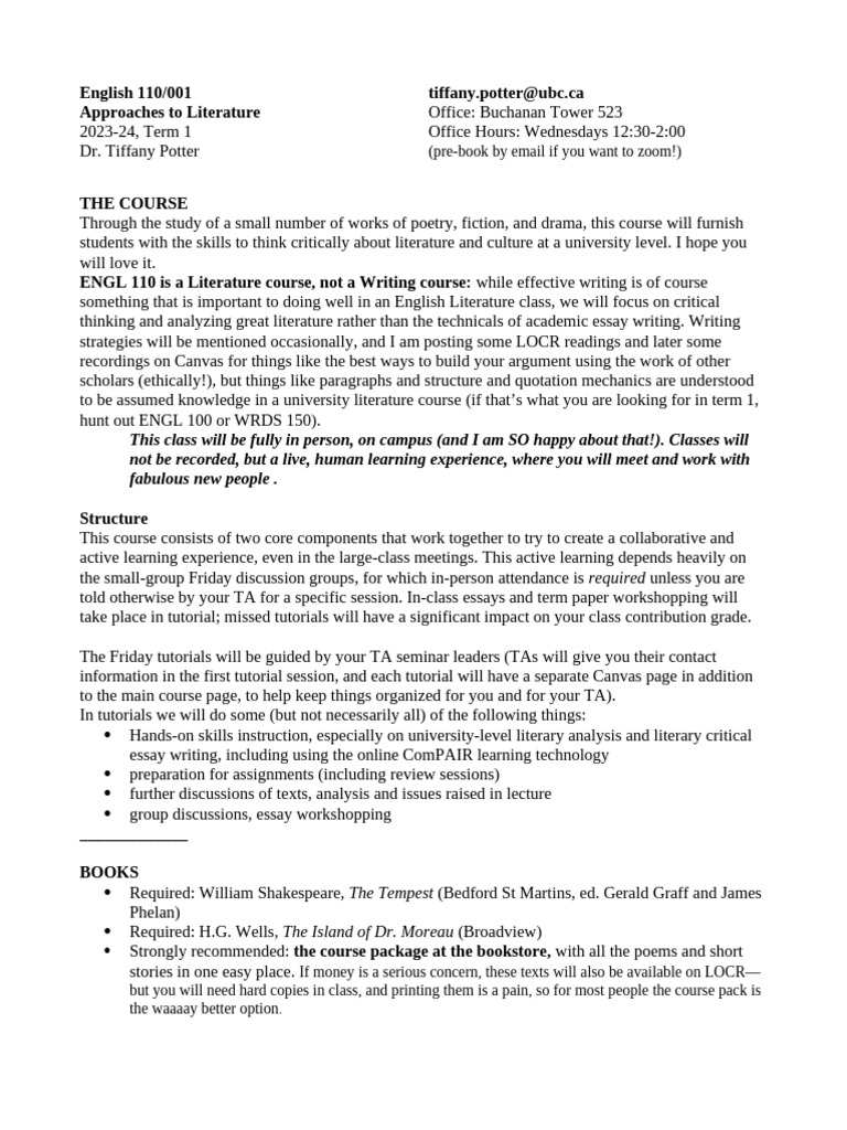 English 110 Syllabus 2023W | PDF
