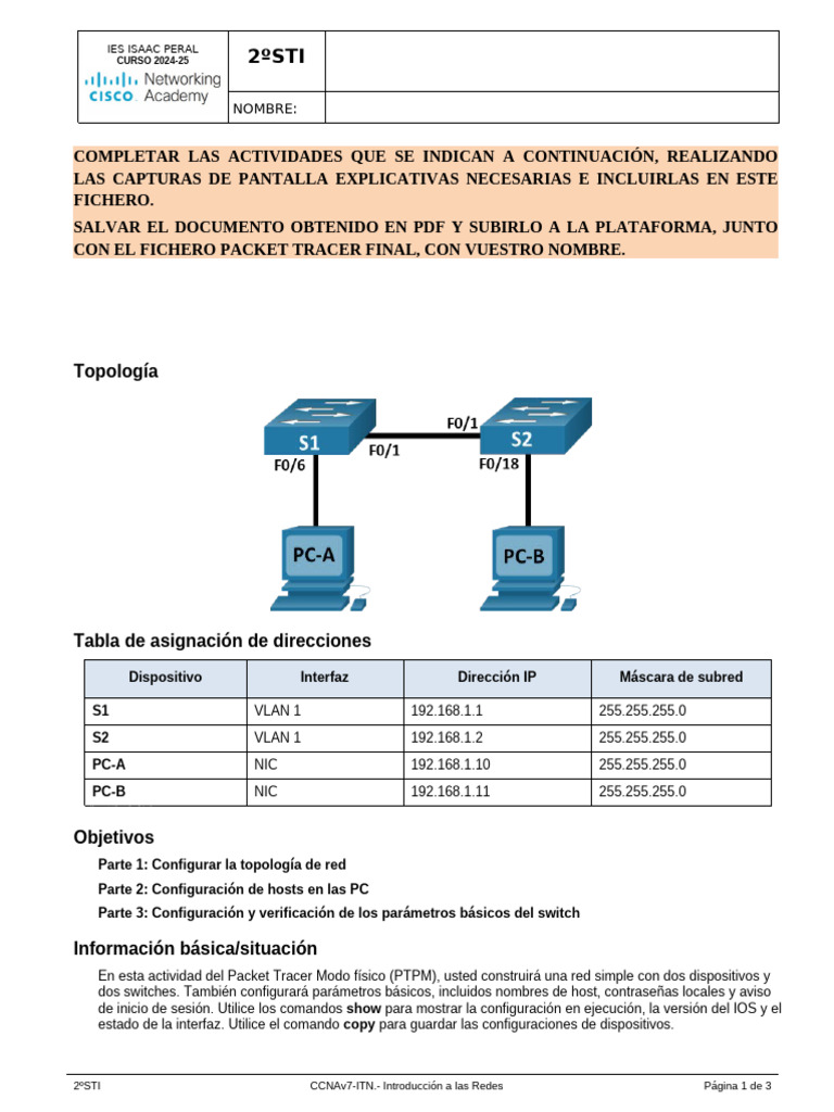 STI - ITN - 2.9.2 - Configuración Básica Del Switch y Del Dispositivo Final - Modelo Físico | PDF