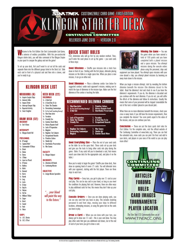 Star Trek CCG Klingon Deck List V2 | PDF | Worf | Star Trek