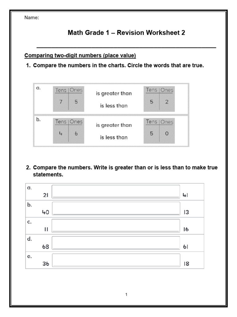 Math Grade 1 - Revision Worksheet 2 | PDF