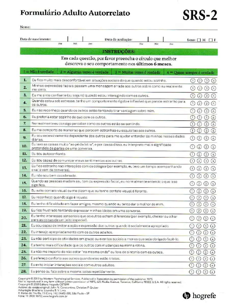 Teste SRS2 - Adulto Autorrelato | PDF