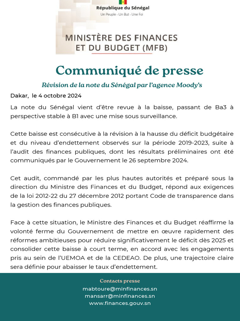VF - Communiqué de Presse Notation Senegal - 4 - 10 - 2024 | PDF