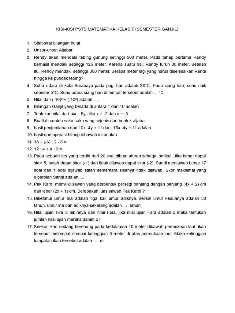 Kisi-Kisi Psts Matematika Kelas 7 (Semester Ganjil) | PDF