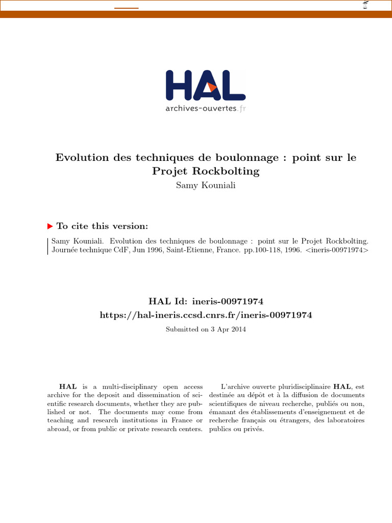 Evolution Des Techniques de Boulonnage: Point Sur Le Projet Rockbolting ...