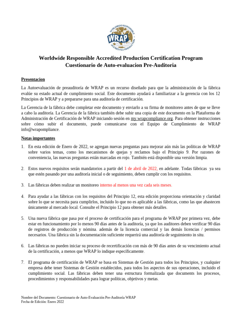 WRAP Pre Audit Self Assessment January 2022 Edition Spanish Protected | PDF