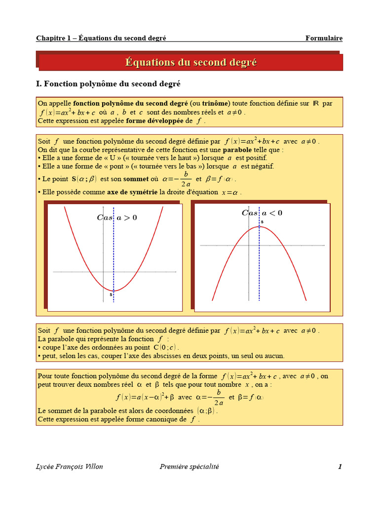 Chapitre 01 - Formulaire - Équations Du Second Degré PFRSVZV | PDF