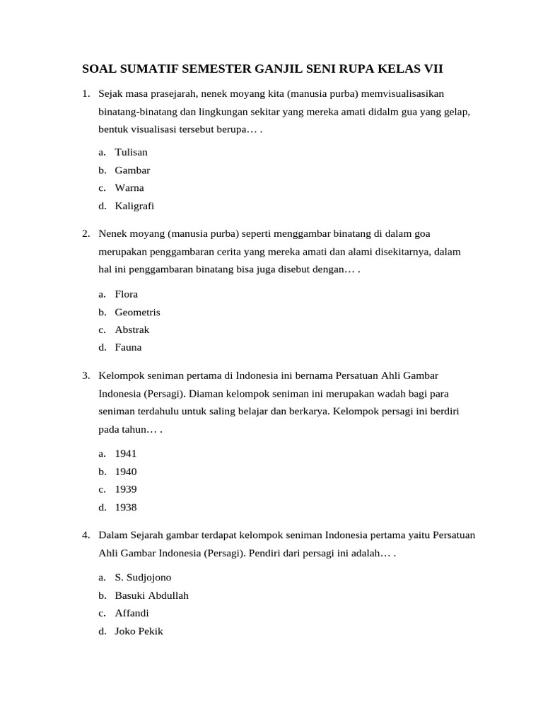 Soal Sumatif Kelas 7 Seni Rupa Kumer 2023-2024 | PDF