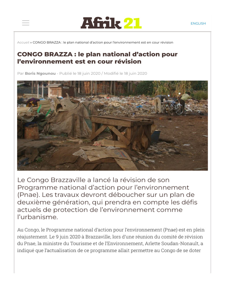 CONGO BRAZZA - Le Plan National D'action Pour L'environnement Est en Cour Révisi | PDF