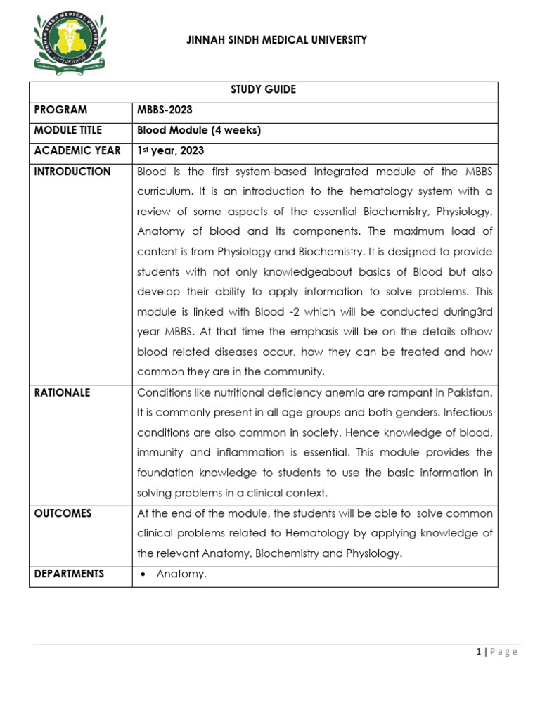 Study Guide Blood Module MBBS-1st Year 2023 | PDF