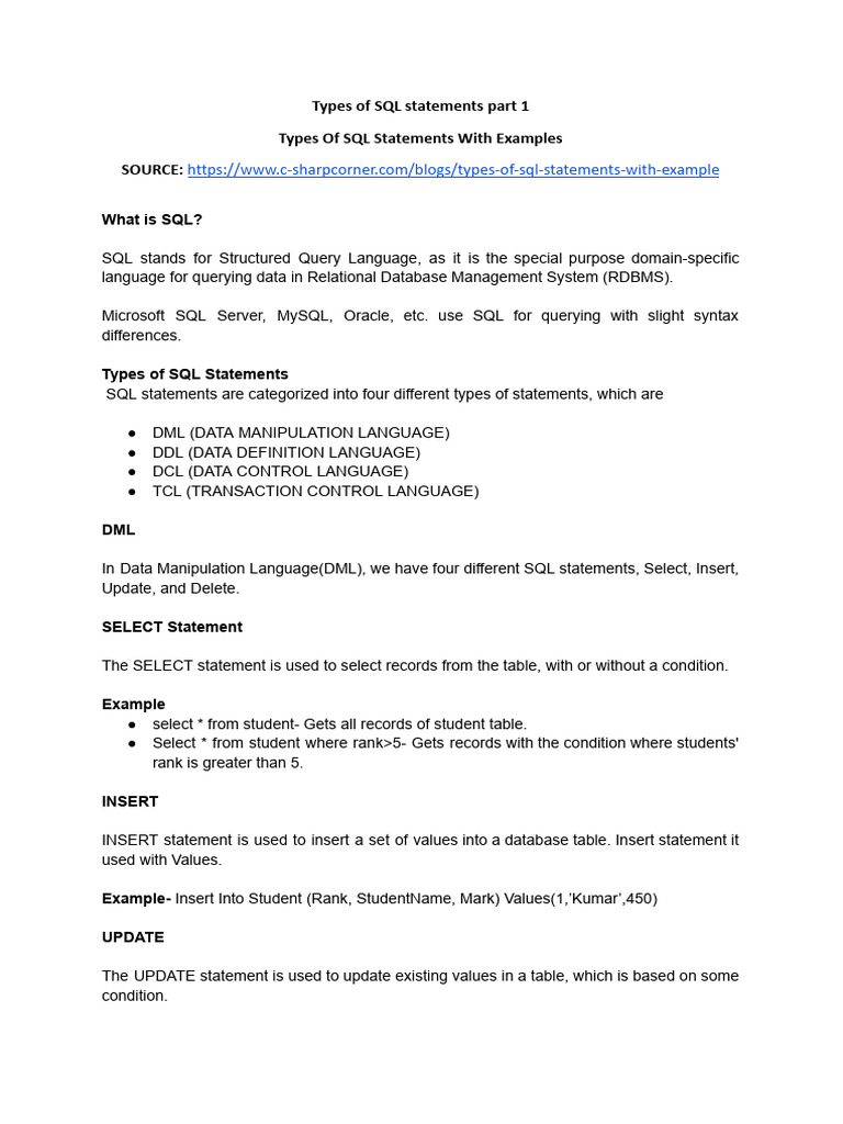 Types of SQL Statements Part 1 | PDF