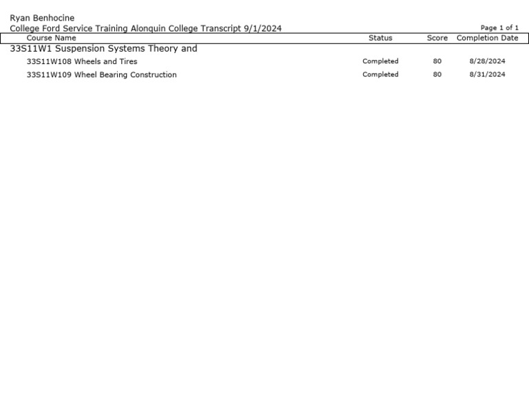 College Ford Service Training Alonquin College Transcript 2024-09-01 | PDF