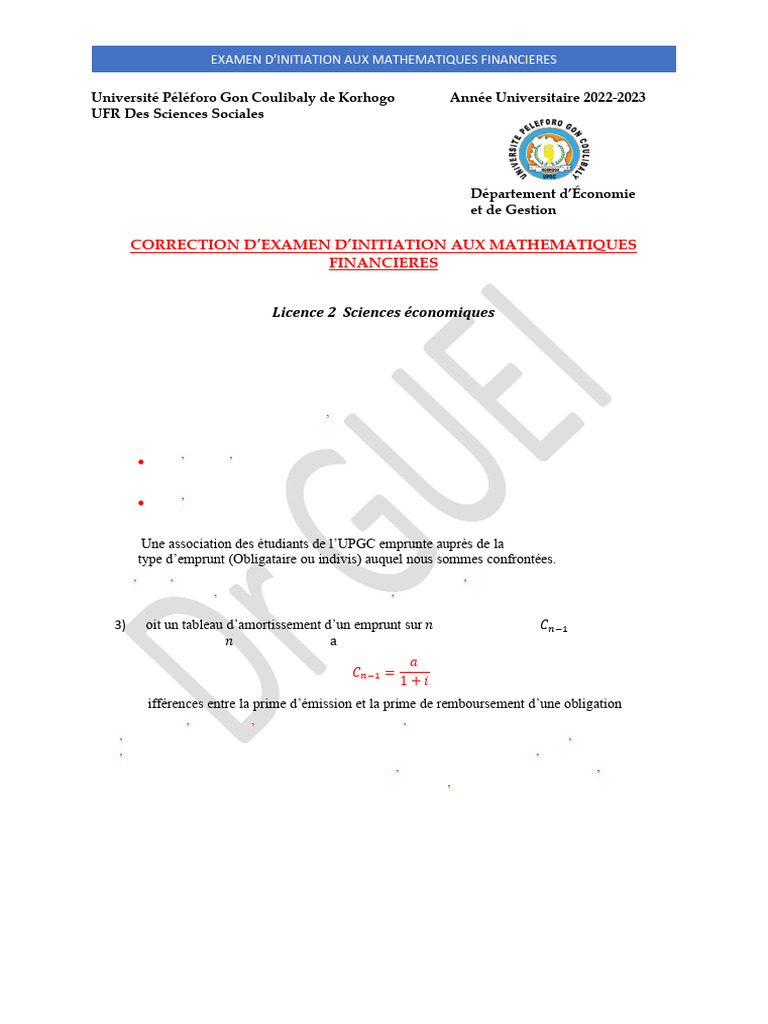 Corr Examen Math Fin 2022 2023 1ere Sess | PDF