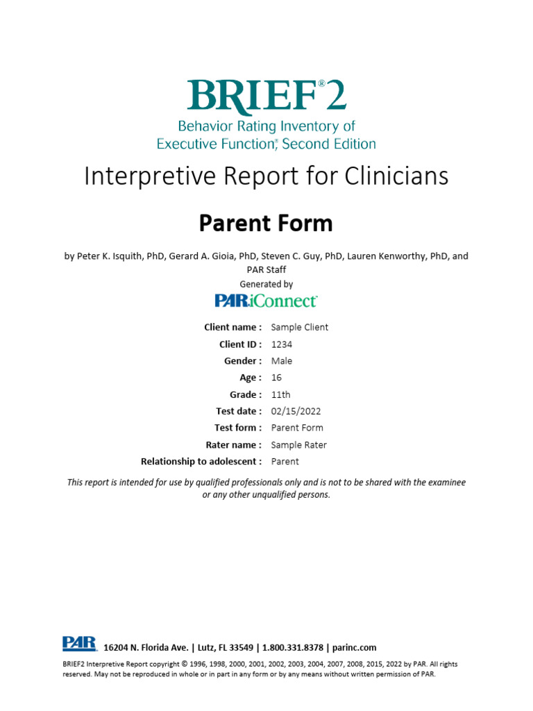 Brief2 Parent Form Interpretive Report Sample | PDF | Attention Deficit ...