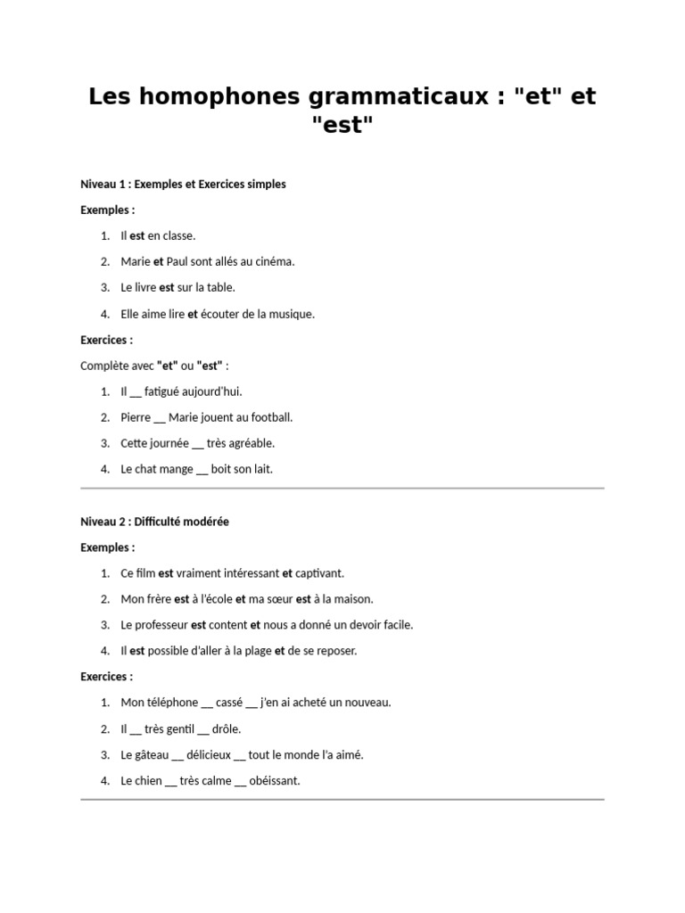 Exercicse - Les Homophones Grammaticaux 'Est' Et 'Et' | PDF