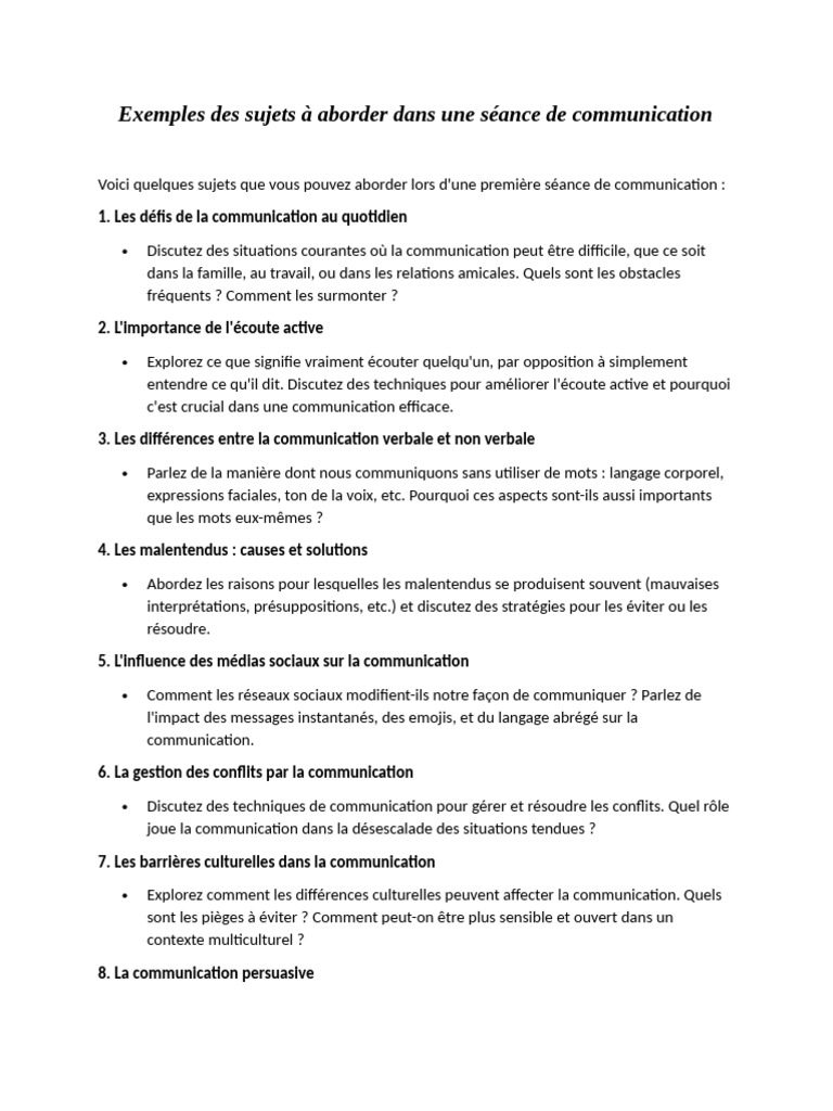 Exemples Des Sujets À Aborder Dans Une Séance de Communication | PDF